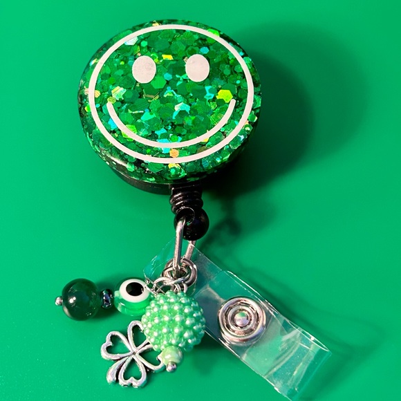 Hand Crafted | Accessories | Green Smiley Face Badge Reel | Poshmark